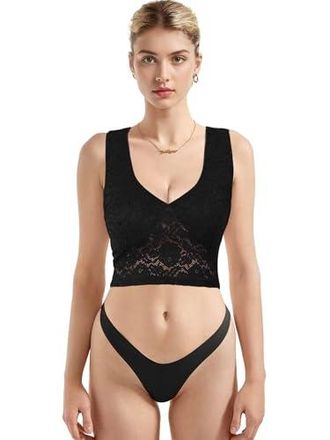 Allegra K Haut sans Manches Femme en Dentelle Florale D&eacute;bardeur Court Transparent Camisole &Agrave; Col en V Profonds Noir L