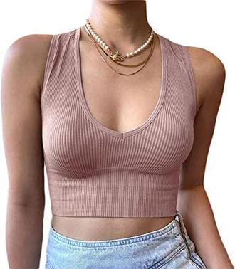 Minetom Femmes Débardeurs Sexy Court Tops Blouse Stretch Manche Court Slim Crop Top T-Shirt Uni Été Yoga Fitness Sport Haut A Rose Foncé S