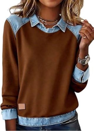 Generic Chemises en denim patchwork &agrave; revers pour femme - Col en denim - Patchwork d&eacute;contract&eacute; - Pull ample - Haut de couleur unie, marron, 3XL