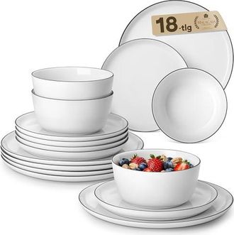 Malacasa Assiettes Service de table 6 Personnes, Set de 18 Pièces Vaisselle et Plats de Service en Porcelaine Blanche avec Bord Noir - Série LEXI