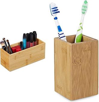Relaxdays Ordnungsbox Bambus, schmale Aufbewahrungsbox ohne Deckel, HBT 9,5x23x9 cm, Bambusbox Küche, Bad, Büro, Natur & natur Zahnputzbecher, eckig, HBT 11 x 6