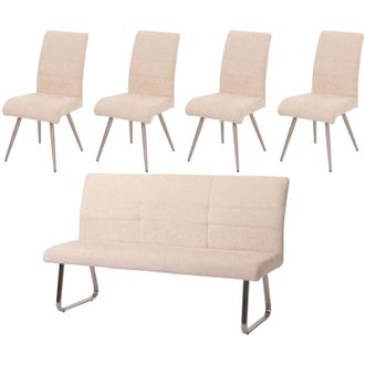Hhg Esszimmer-Set 221, 4er-Set Stuhl + Sitzbank 180cm, Edelstahl geb&uuml;rstet Stoff/Textil Chenille creme