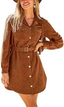 Cupshe Robe dautomne &agrave; manches longues pour femme avec ceinture et poches en velours c&ocirc;tel&eacute;, marron, Taille M