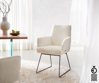 DELIFE Esszimmerstuhl Heira-Flex mit Armlehnen Boucl&eacute; Wei&szlig; Kufengestell Schwarz Taschenfederkern, Esszimmerst&uuml;hle