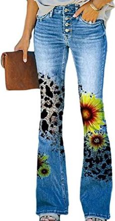 TOMWELL Jeans évasés pour Femmes Taille Mi-Haute Slim Pantalon Longueur Femme Large Jean Skinny Fit Denim Troué Pantalons Jeggings Rétro Bleu03 L