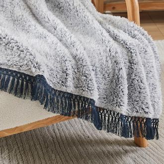 Emme Couverture Sherpa avec Pompons - Couverture Polaire Ultra Douce et Chaude en Microfibre pour canap&eacute;, l&eacute;g&egrave;re, &eacute;paisse et r&eacute;versible (Bleu Marine avec P