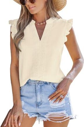 Cupshe Chemisier sans manches à col cranté pour femme avec bordure à volants tissé décontracté pour le printemps et lété, beige, XL