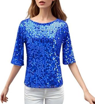 Generic Hauts à paillettes scintillantes pour femme col rond solide à manches 3/4 pull pour femme pull scintillant chemise pailletée haut scintillant festival