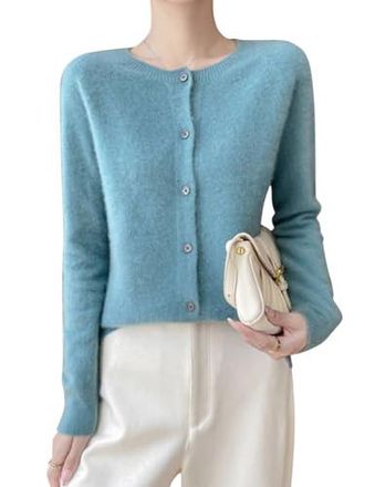 ORANDESIGNE Gilet Femme Chic et Elegant Gilet Court Col Rond Gilets Manches Longues Cardigan Laine Mi-Saison A Bleu XL