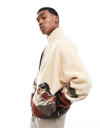 Jack & Jones Polaire zippée imitation peau de mouton à imprimé montagne - Beige-Neutral