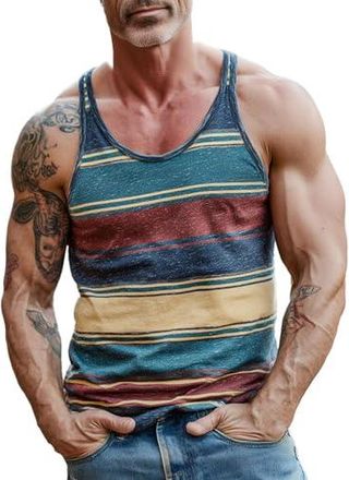 Generic DENGJIAMY - Débardeurs rayés pour hommes, grande taille, décontracté, blocs de couleurs, chemises sans manches, pour lété, le bodybuilding, les muscle