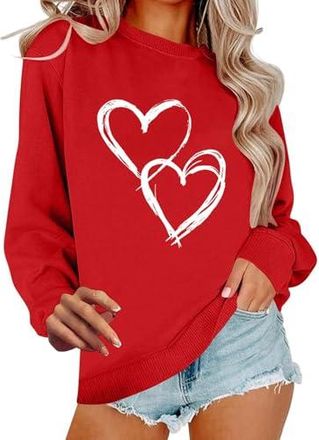 Generic Sweat-shirt &agrave; manches longues et col rond pour femme - Motif coeur - Rouge, Rouge, XXL