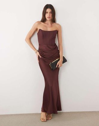 Forever New Robe longue bustier drap&eacute;e &agrave; bretelles - Bordeaux-Rouge