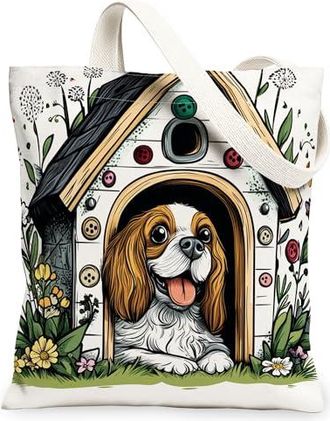 Generic Sac fourre-tout en toile motif cavalier King Charles Spaniel pour le shopping, 33 x 38 cm, sac d&eacute;picerie r&eacute;utilisable amusant pour femme, animal de co