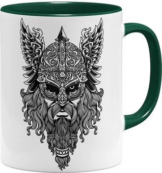 OM3 Viking-Valknut Tasse - Keramik Becher - 11oz 325ml - Odin Wikinger Skull Nordic Warrior - Gr&uuml;n
