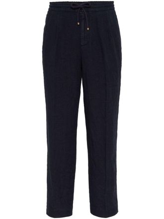 Brunello Cucinelli pantalon en lin à taille à lien de resserrage - Bleu