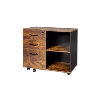 Relaxdays Rollcontainer, 3 Schubladen, 2 F&auml;cher, H&auml;ngeregister, HxBxT: 66x80x40 cm, abschlie&szlig;bar, B&uuml;ro, braun/schwarz