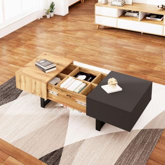 STILVORA Table Basse Coulissante avec Rangements Cach&eacute;s et Niches, Style Moderne, en Panneaux de Particules et M&eacute;tal, 155&times;55&times;40 cm, Naturel