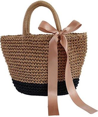 Minetom Sac Paille Femme Sac Tissé Sac à Bandoulière Tissage Sac à Main Rétro Grande Capacité Tressé Sac de Voyage Chic Bowknot Naturel Bag B Noir(petit) Tail
