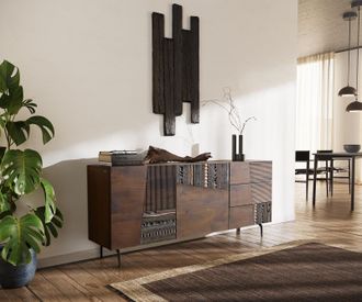 DELIFE Sideboard Imara 175 cm Mango Braun 2 T&uuml;ren 3 Schubladen Winkelfu&szlig; Metall Schwarz, Sideboards