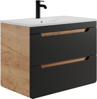 Vente-Unique Meuble de salle de bain suspendu avec vasque &agrave; encastrer - 80 cm - Naturel clair et anthracite - aruba