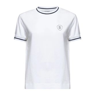Brunello Cucinelli Femme, Tops, Blanc, Taille: 36 FR T-shirt à col rond rayé avec écusson Solomeo