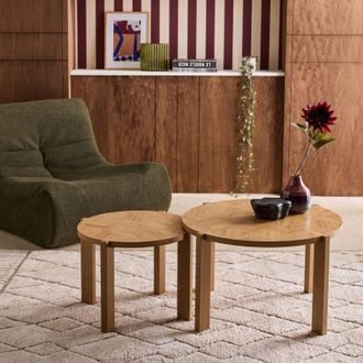 Sweeek Lot de 2 tables basses gigognes rondes plateau effet chevrons &Oslash;70cm / &Oslash;50cm - Zala