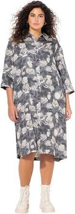 Ulla Popken Femme Grandes Tailles Robe Chemisier Coupe évasée, Poches, col Chemise et Manches 3/4 Gris 46+ 836083180-46+