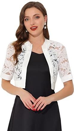 Allegra K Boléro en Dentelle Femme Transparent à Manches Courtes avec Panneau Satiné Cardigan Ouvert sur Le Devant pour Cocktail & Invité de Mariage Blanc XS
