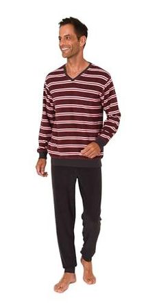 Normann Pyjama long en tissu éponge pour homme, aspect rayé, avec poignets - également en grande taille, rouge, 54