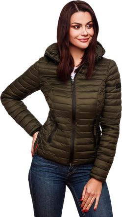 Marikoo Damen Jacke Steppjacke &Uuml;bergangsjacke mit Kapuze gesteppt B600 [B600-Samt-Olive-Gr.XXL]