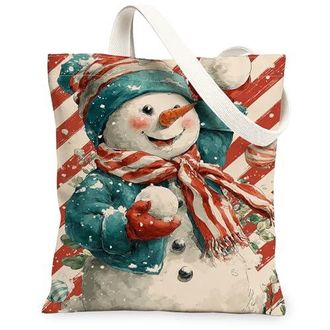 Generic Sacs fourre-tout en toile motif bonhomme de neige, sacs de courses r&eacute;utilisables, amusants et festifs, l&eacute;gers et lavables, Bleu, 13x15 Inch
