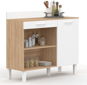 IDMarket Buffet Bas de Cuisine 100 cm CINA Plan de Travail H.83 cm 1 Porte + 1 tiroir fa&ccedil;on h&ecirc;tre et Blanc