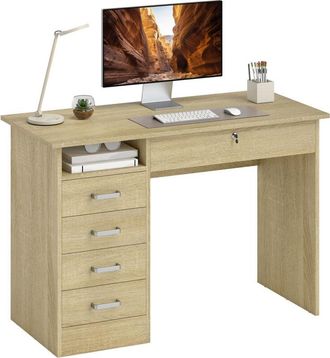 HOMCOM Bureau informatique HOMCOM avec 5 tiroirs, grand plateau, 1 compartiment ouvert, tiroir verrouillable, 110 x 50 x 76cm, ch&ecirc;ne