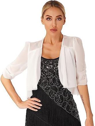 TiaoBug Femme Boléro Mousseline de Soie à 3/4 Manches Cardigan Ouvert Top Veste Cape Châle Soirée Cocktail Cérémonie Mariage S-XXL Blanc A XL
