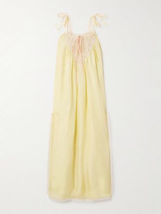 Chloé Robe Midi En Soie Habotai À Finitions En Dentelle Et À Fronces - Jaune