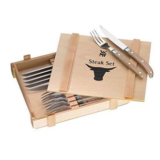WMF Ranch Steakbesteck 12-teilig, Besteck Set 6 Personen, Steakmesser Set mit Gabel, Spezialklingenstahl geschmiedet, Cromargan Edelstahl mattiert, Eichen