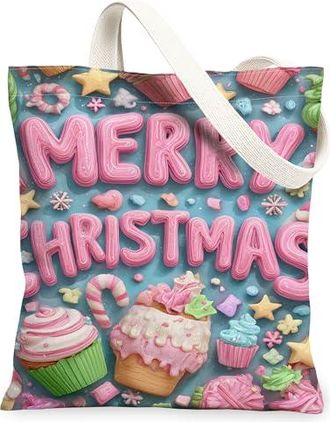 Generic Sac fourre-tout en toile avec motif bonbons de No&euml;l, sacs d&eacute;picerie r&eacute;utilisables, l&eacute;gers et lavables avec bandouli&egrave;re, p&ecirc;che, 13x15 Inch
