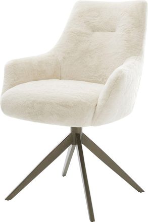 DELIFE Esszimmerstuhl Alja-Flex mit Armlehnen Kreuzgestell breit Effektfinish Titan Plüsch Creme-Weiß 360° drehbar Wippfunktion Taschenfederkern