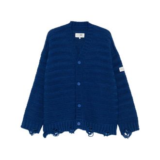 Maison Margiela Homme, Pulls, Bleu, Taille: XL Distressed Ribbed Cardigan