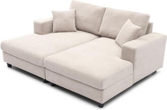 Menzzo Duo de m&eacute;ridiennes Fabien combinables en canap&eacute; profond Velours c&ocirc;tel&eacute; Cr&egrave;me