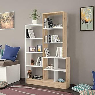 Homemania B&uuml;cherregal Monde Regal, Wandschrank, mit Regalen, f&uuml;r Wohnzimmer, B&uuml;ro, Wei&szlig;, Eiche aus Holz, 102,2 x 22 x 160,8 cm