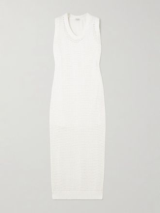 Brunello Cucinelli Midikleid Aus Einer Baumwollmischung In Lochstrick Mit Pailletten - Wei&szlig;