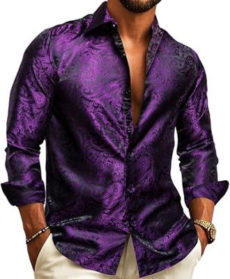 Barry.Wang YOHOWA Chemise habill&eacute;e en soie pour homme &agrave; manches longues cachemire jacquard boutonn&eacute;e western chemise classique f&ecirc;te bal, Motif cachemire violet.,