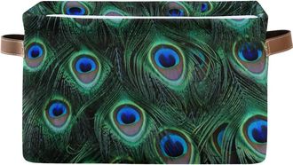 HMZXZ Rxyy Vogel Gr&uuml;n Pfau Gefieder Segeltuch Aufbewahrungsboxen Zusammenklappbar Spielzeuge Lager Bin mit VE Leder Griffe Aufbewahrungsk&ouml;rbe Veranstalter f