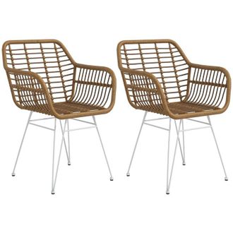 HOMCOM Lot de 2 chaises fauteuils de salle &agrave; mager design boh&egrave;me assise en r&eacute;sine tress&eacute;e pi&egrave;tement en acier blanc-Marron