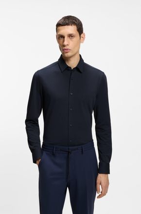 HUGO BOSS Businesshemd BOSS HANK, Herren, Gr. 46, N-Gr, dunkelblau404, Web, Obermaterial: 75% Baumwolle, 25% Polyester, unifarben, slim fit normal, Rundhals, 2-