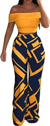 Minetom Femme 2 Pièces Vêtement Elégant Épaules Dénudées Imprimé Floral Haut Crop Top et Pantalon Survêtement Ensemble A Jaune XL