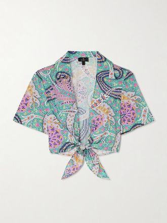 Etro Chemise Raccourcie En Voile De Coton Et De Soie Mélangés À Noeud - Bleu