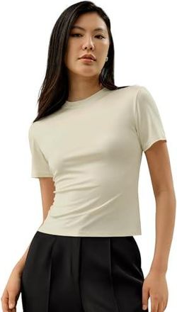 LilySilk 100% Soie Jersey Tee Slim Fit Col Rond Manches Courtes Crop T Shirt Casual Tops Solides S, Blanc